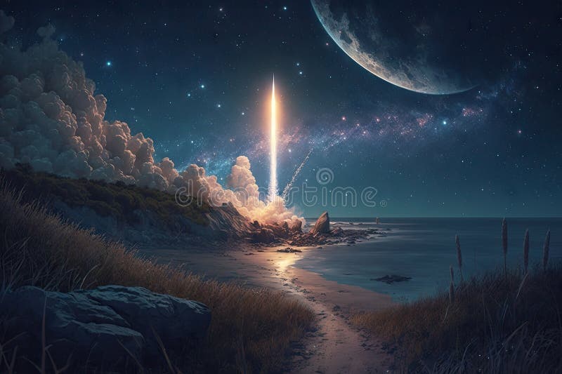 Rocket Launch, with the View of the Starry Night Sky Visible Above ...