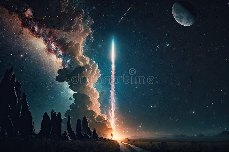 Rocket Launch, with View of the Stars and Distant Planets Visible in ...