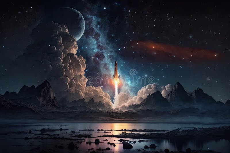 Rocket Launch, with View of the Stars and Distant Planets Visible in ...