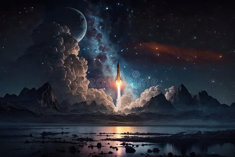 Rocket Launch, with View of the Stars and Distant Planets Visible in ...