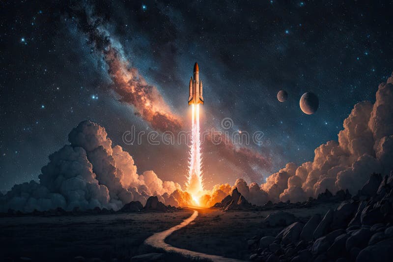 Rocket Launch, with View of the Stars and Galaxies in the Night Sky ...
