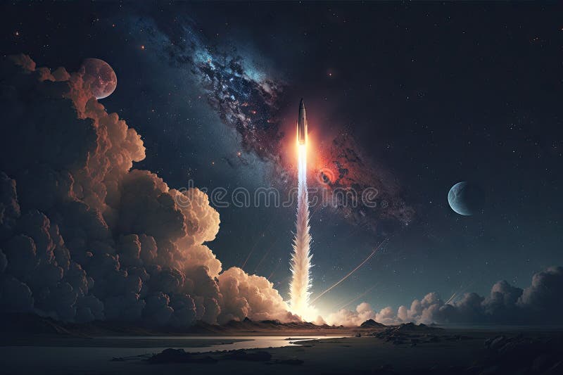 Rocket Launch, with View of the Stars and Galaxies in the Night Sky ...