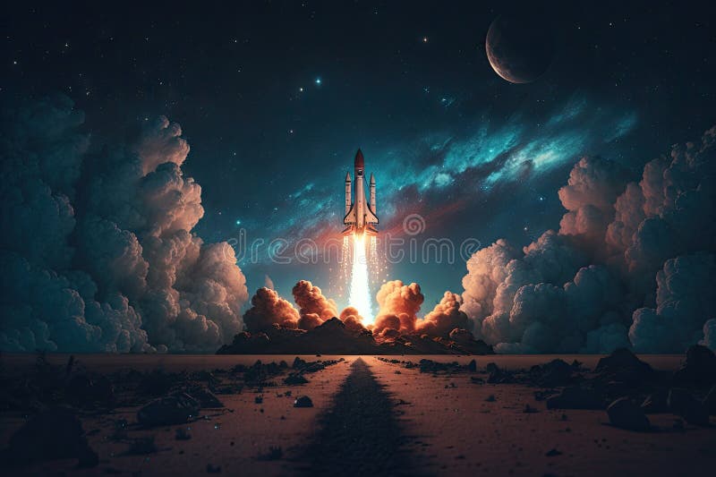 Rocket Launch, with View of the Stars and Galaxies in the Night Sky ...