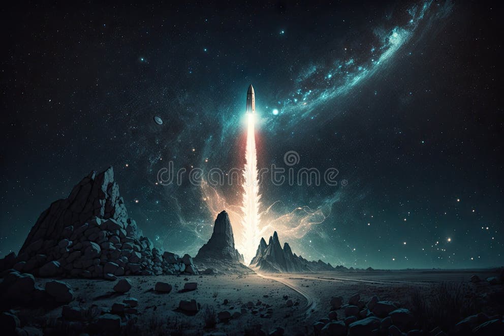 Rocket Launch, with View of the Stars and Galaxies in the Night Sky ...