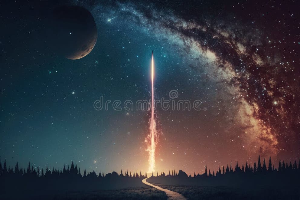 Rocket Launch, with View of the Stars and Galaxies in the Night Sky ...