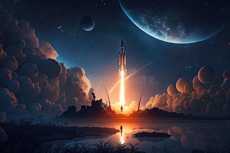 Rocket Launch, with View of the Stars and Planets in the Night Sky ...