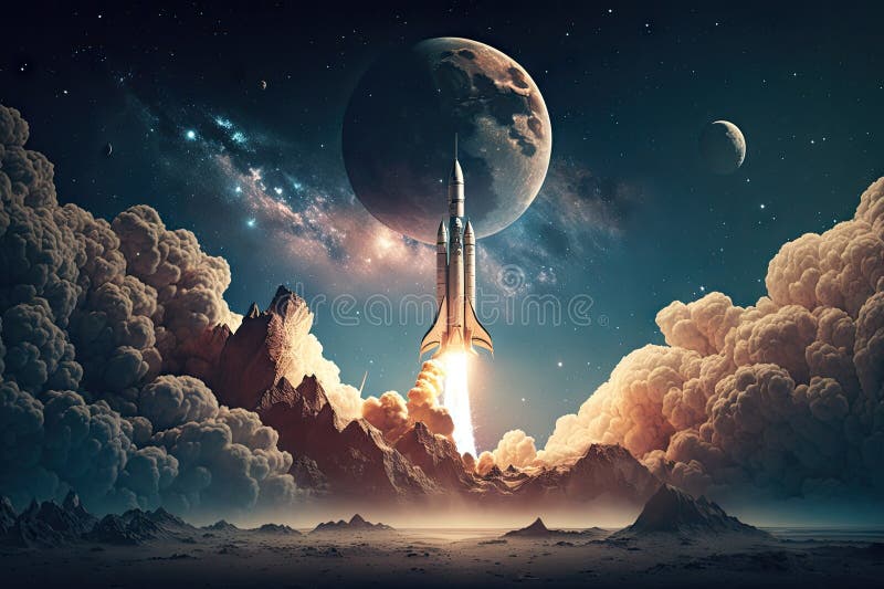 Rocket Launch, with View of the Stars and Planets in Outer Space Stock ...