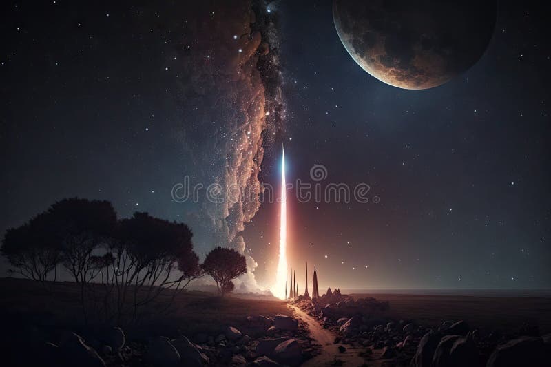 Rocket Launch, with View of the Stars and Rest of the Night Sky Visible ...