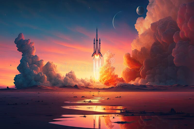 Rocket Launch, with View of the Sunset in the Background, Creating ...