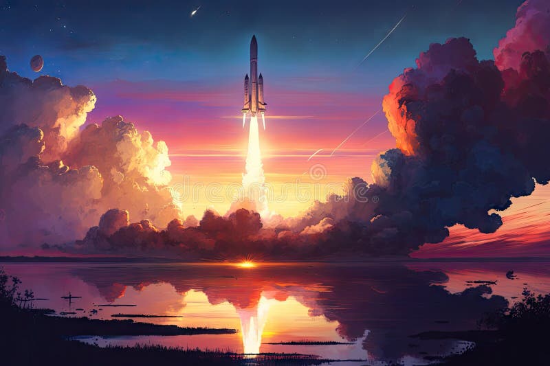 Rocket Launch, with View of the Sunset in the Background, Creating ...