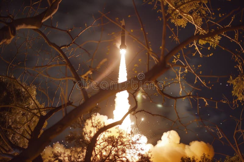 Rocket Launch Viewed through Silhouetted Tree Branches at Night Stock ...