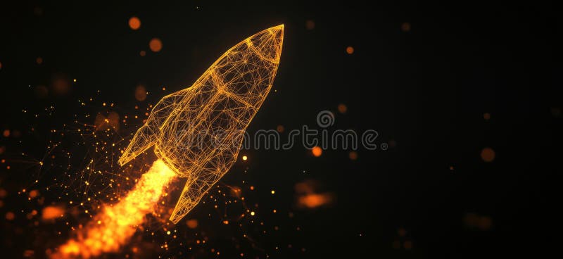 Rocket Launch in Wireframe Design with Glowing Particles and Fiery ...