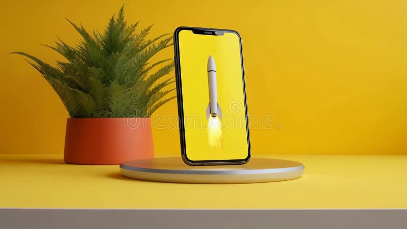 Rocket Launch on Yellow Display with Plant Decoration Stock Footage ...