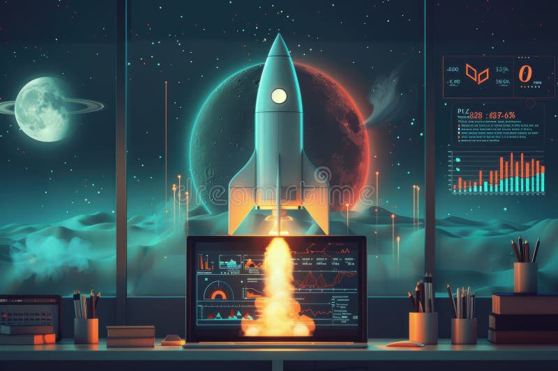 A Rocket is Launched into Space with a Laptop Screen Behind it Stock ...