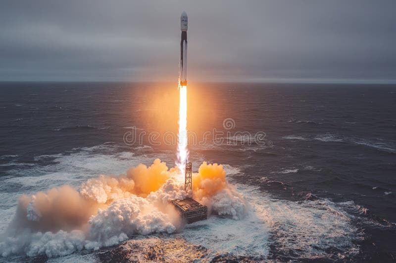 A Rocket Launches into the Air Over the Ocean with Smoke and Flames ...