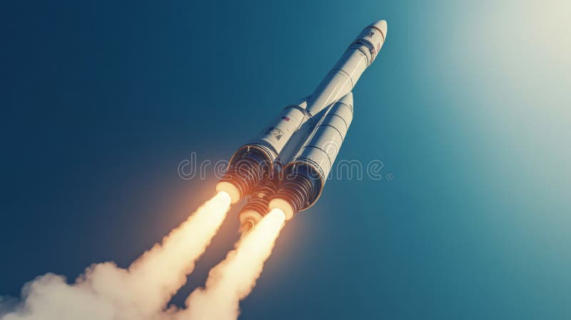 Rocket Launches into Clear Blue Sky with Powerful Engines Igniting ...