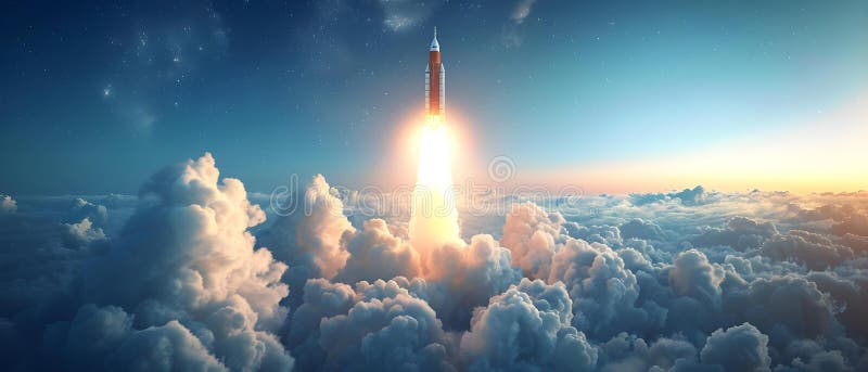Rocket Launches through Clouds into Space. Concept Space Exploration ...