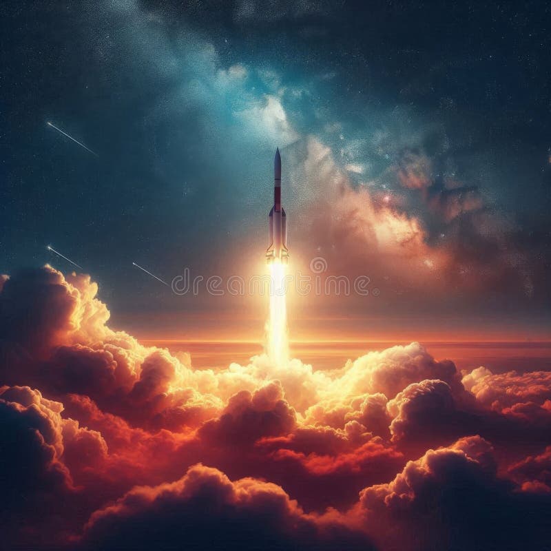 Rocket Launches through Clouds into Starry Outer Space Stock ...