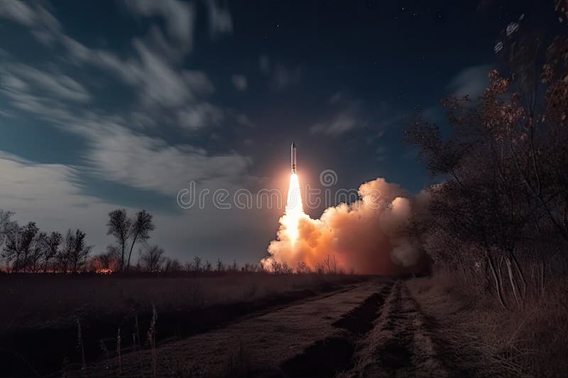 Rocket Launches Create Streaks of Light and Smoke Against the Black Sky ...