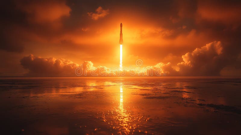 Rocket Launches at Dawn with Brilliant Flame Illuminating the Sky and ...