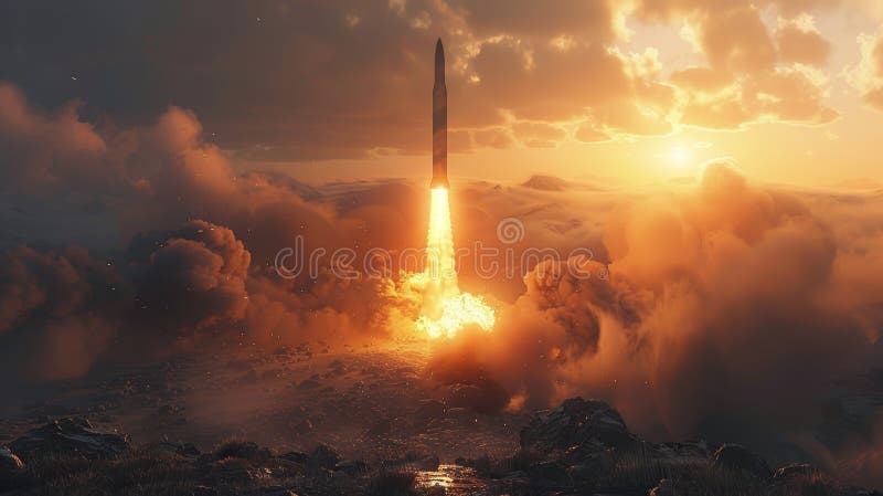 A Rocket Launches into a Dramatic Sunset Sky, Surrounded by Clouds and ...