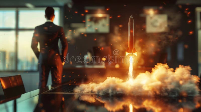 Business Launch Concept with Rocket Taking Off from Office Desk ...