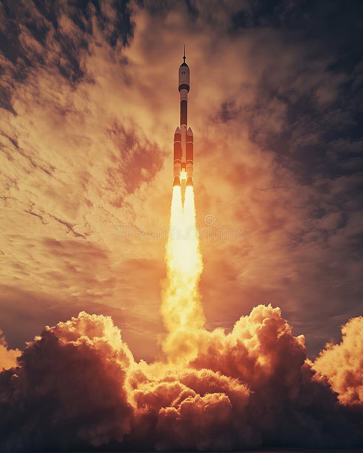 Rocket Launches Dramatically into the Sky, Showcasing Flames and Smoke ...