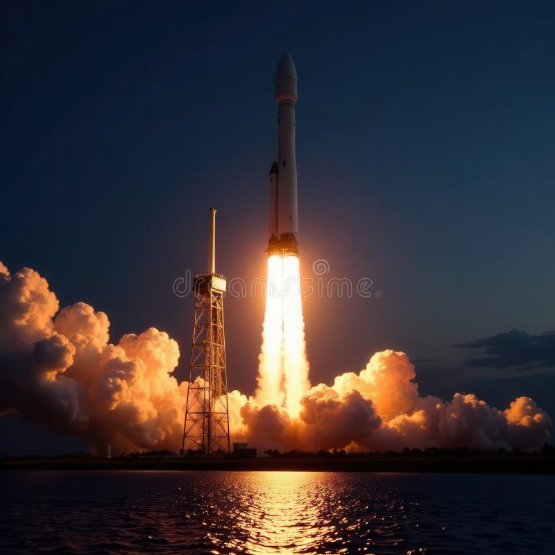 Rocket Launch at Sunset with Vibrant Flames and Billowing Clouds Above ...