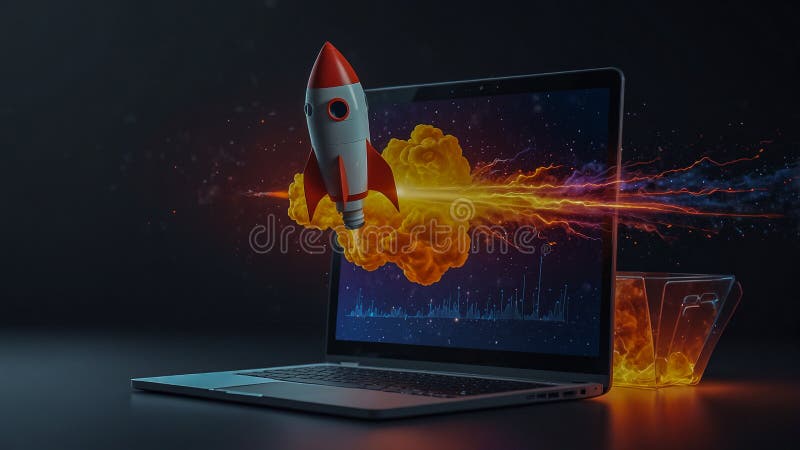 Rocket Launches from Laptop Screen Concept Stock Illustration ...