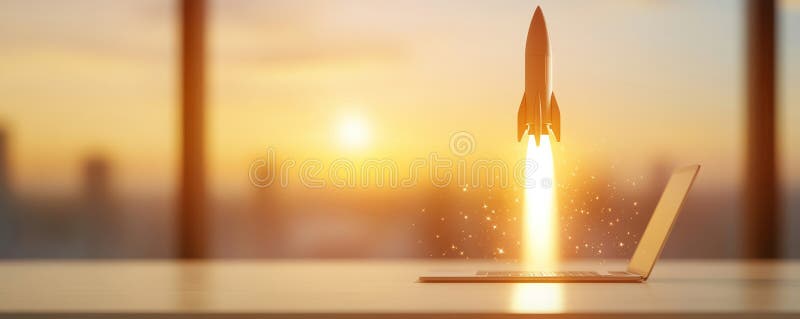 Rocket Launches from a Laptop at Sunrise, Symbolizing Innovation and ...