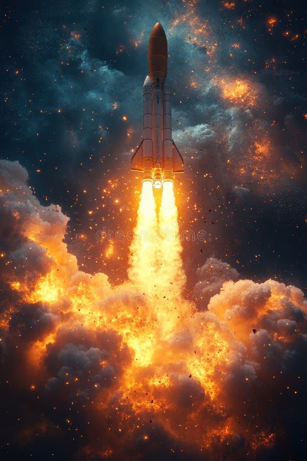 Rocket Launches into the Night Sky with Flames and Smoke Billowing ...