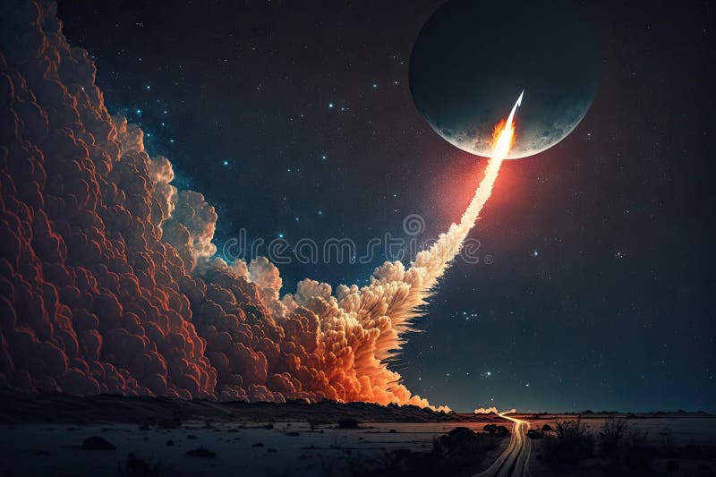Rocket Launches into the Night Sky, with Stars and Moon in View Stock ...