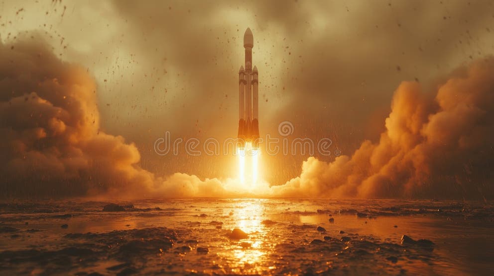 Rocket Launches with Powerful Thrust Against a Dramatic Sky, Showcasing ...