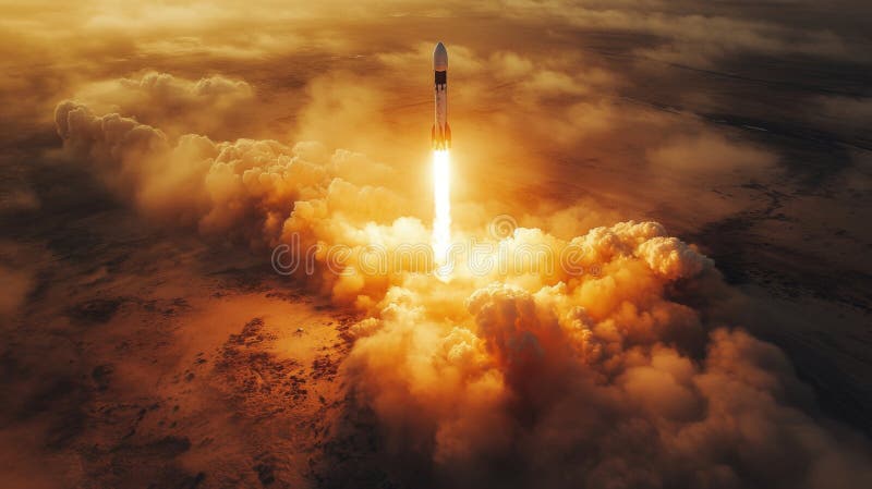 Launch of a Rocket during Sunset with Propellant Flames Illuminating ...