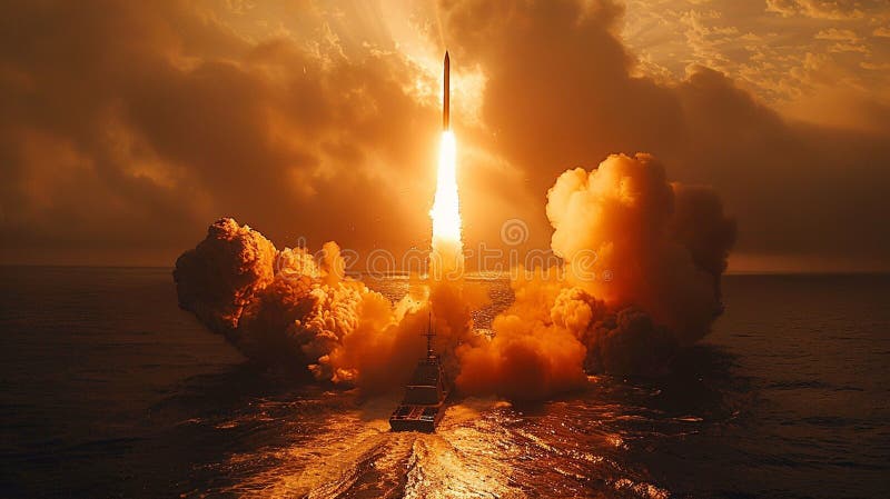 A Rocket Launches from a Ship Over the Ocean at Sunset, Creating a ...