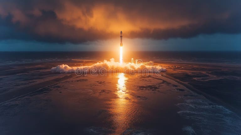 Rocket Launches into the Sky Amidst Dramatic Clouds and Ocean ...