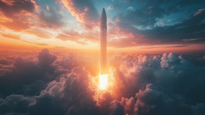 Rocket Launches into the Sky at Dawn Illuminating the Clouds with ...
