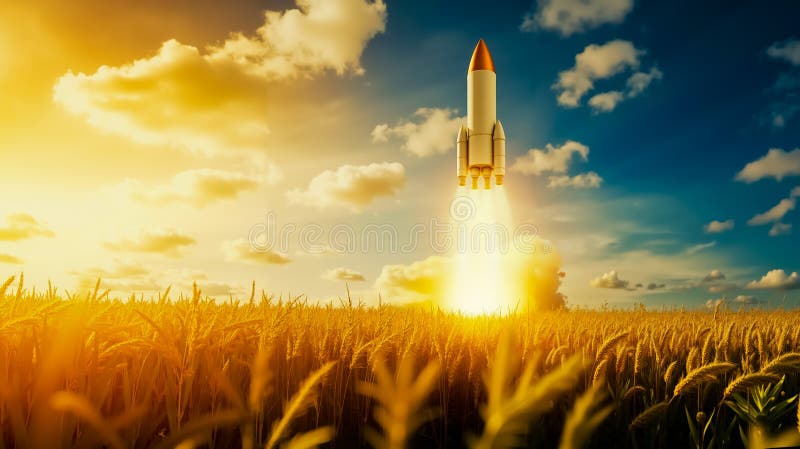 A Rocket Launching into the Sky Over a Field of Wheat Stock ...