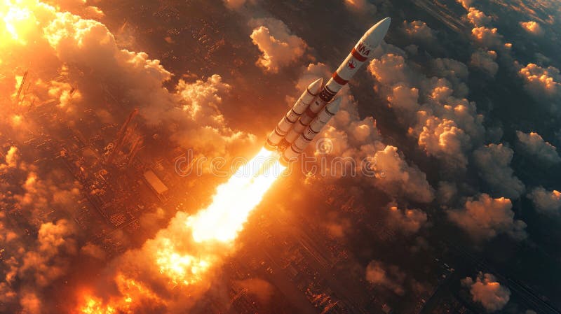 Rocket Launches into the Sky, Leaving a Trail of Fire and Smoke As it ...