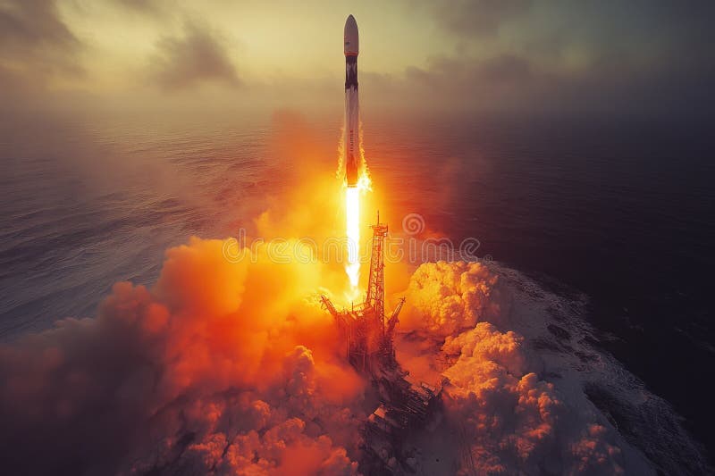 A Rocket Launches into the Sky with Smoke Trails Stock Image - Image of ...