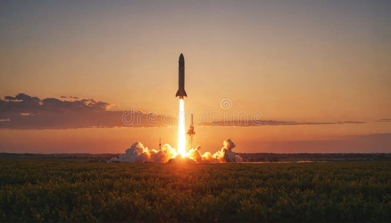 A Rocket Launches into the Sky at Sunset, Leaving a Trail of Smoke and ...