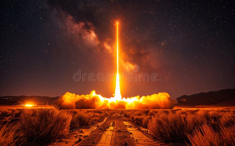 Rocket Launches into the Sky with Trail of Fire Stock Photo - Image of ...