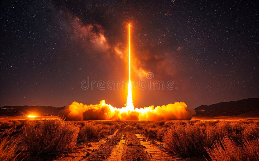 Rocket Launches into the Sky with Trail of Fire Stock Photo - Image of ...