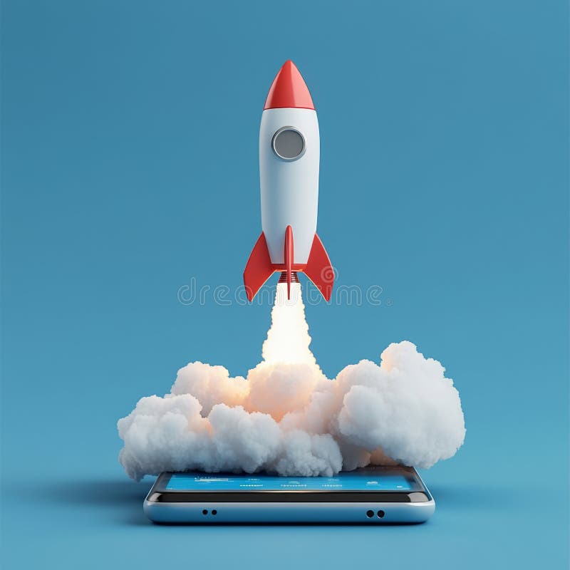 Rocket Launches from Smartphone with Clouds, Representing Mobile Device ...