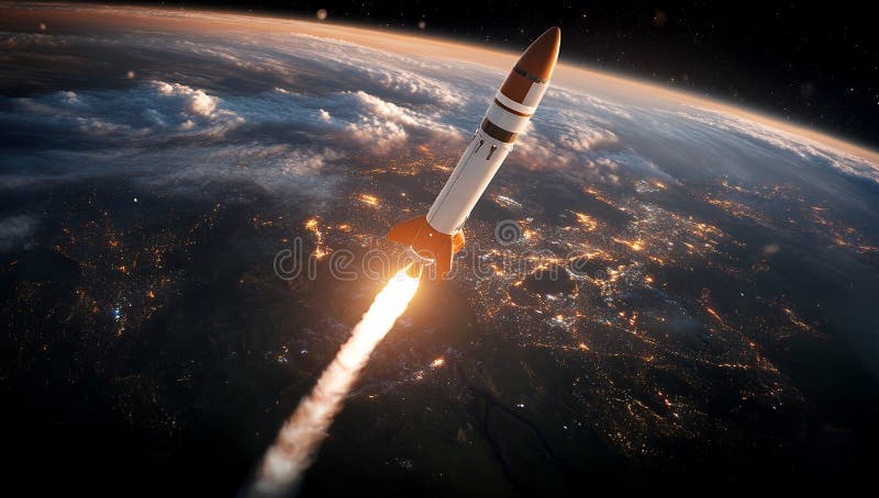 A Rocket Launches into Space, Leaving a Fiery Trail Against the ...