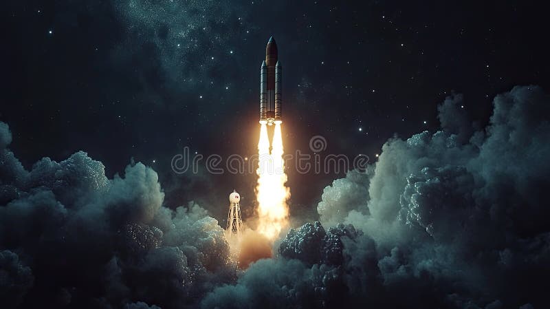 Rocket Launches into Space, Leaving a Trail of Fire and Smoke Stock ...