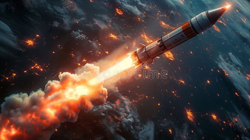 A Rocket Launches into Space, Leaving a Trail of Fire and Smoke Behind ...