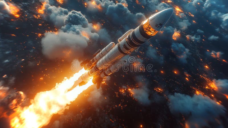 Rocket Launches into Space with Powerful Propulsion while Clouds of ...