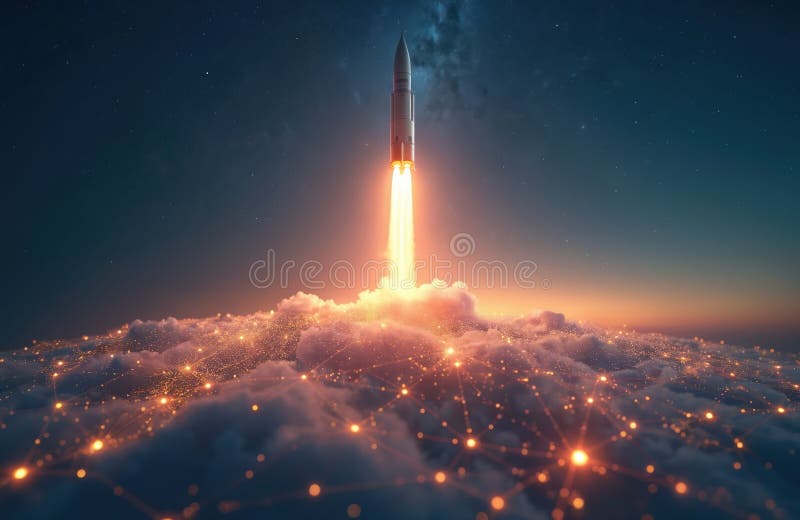 Rocket Launches into Space Soaring Above Glowing Cloud Network. Global ...