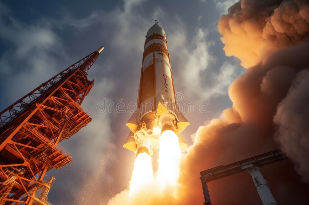 Rocket Launches into the Starry Night Sky, with Earth Visible Below ...